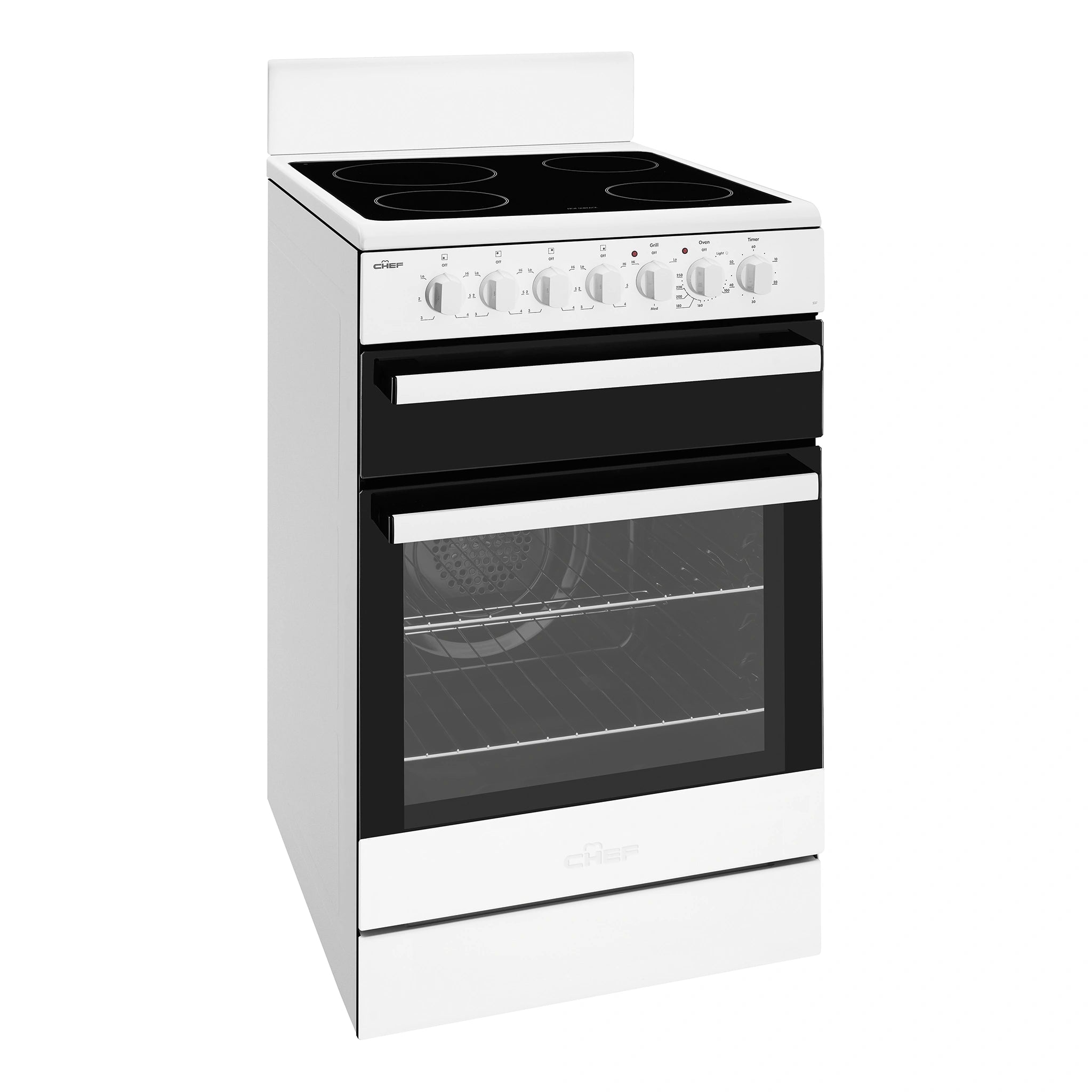 Chef 54cm white freestanding oven with electric cooktop CFE547WBB